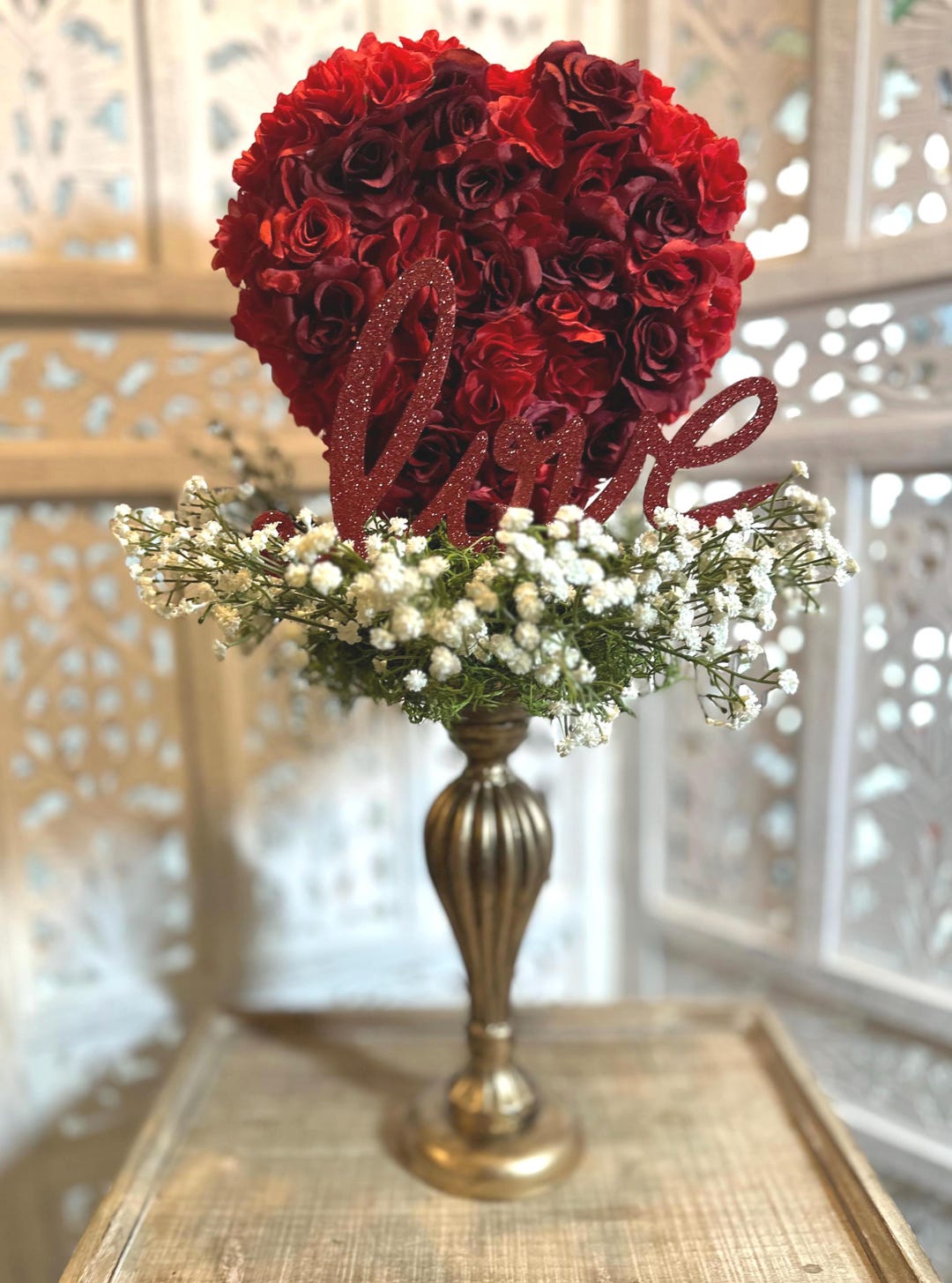 Valentine’s Day Heart of Silk Red Roses Fancy Topiary in a Gold ...