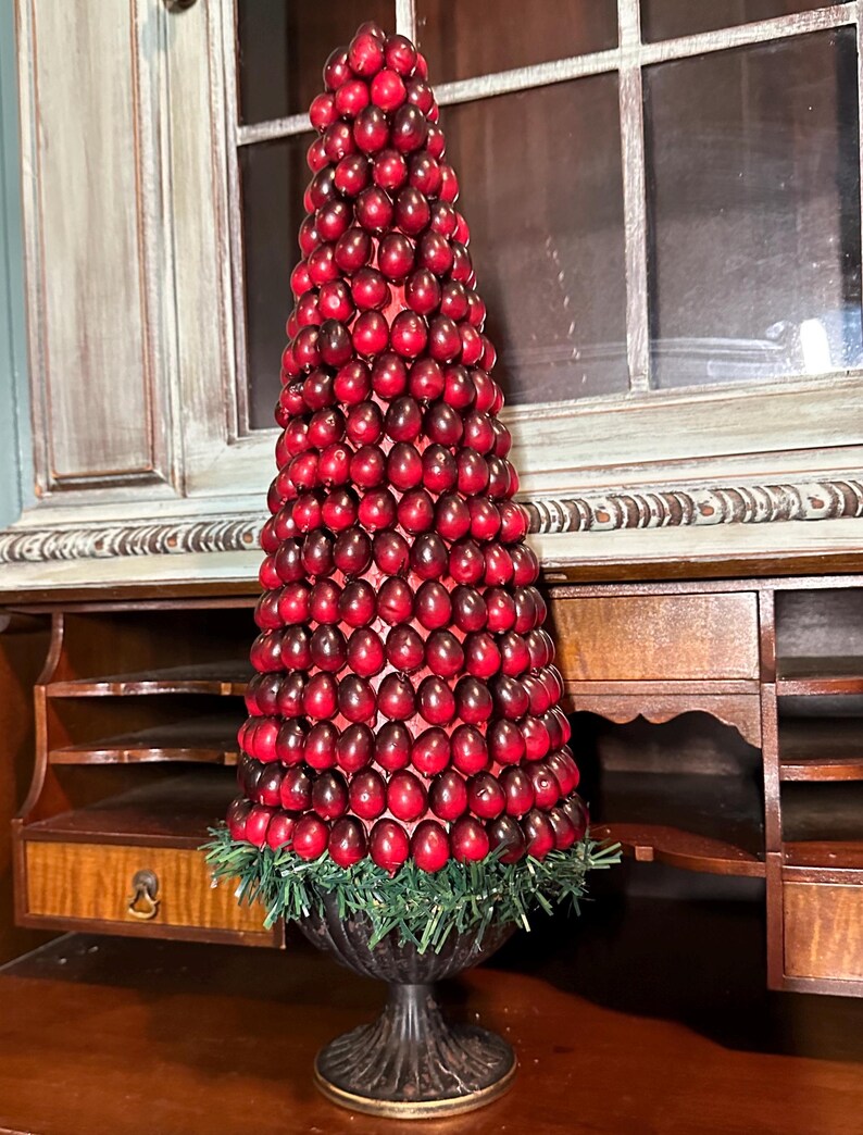 Unique Faux Cranberry Holiday Topiary in a Gray Distressed Pedestal ...