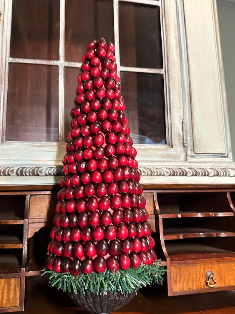 Unique Faux Cranberry Holiday Topiary in a Gray Distressed Pedestal ...