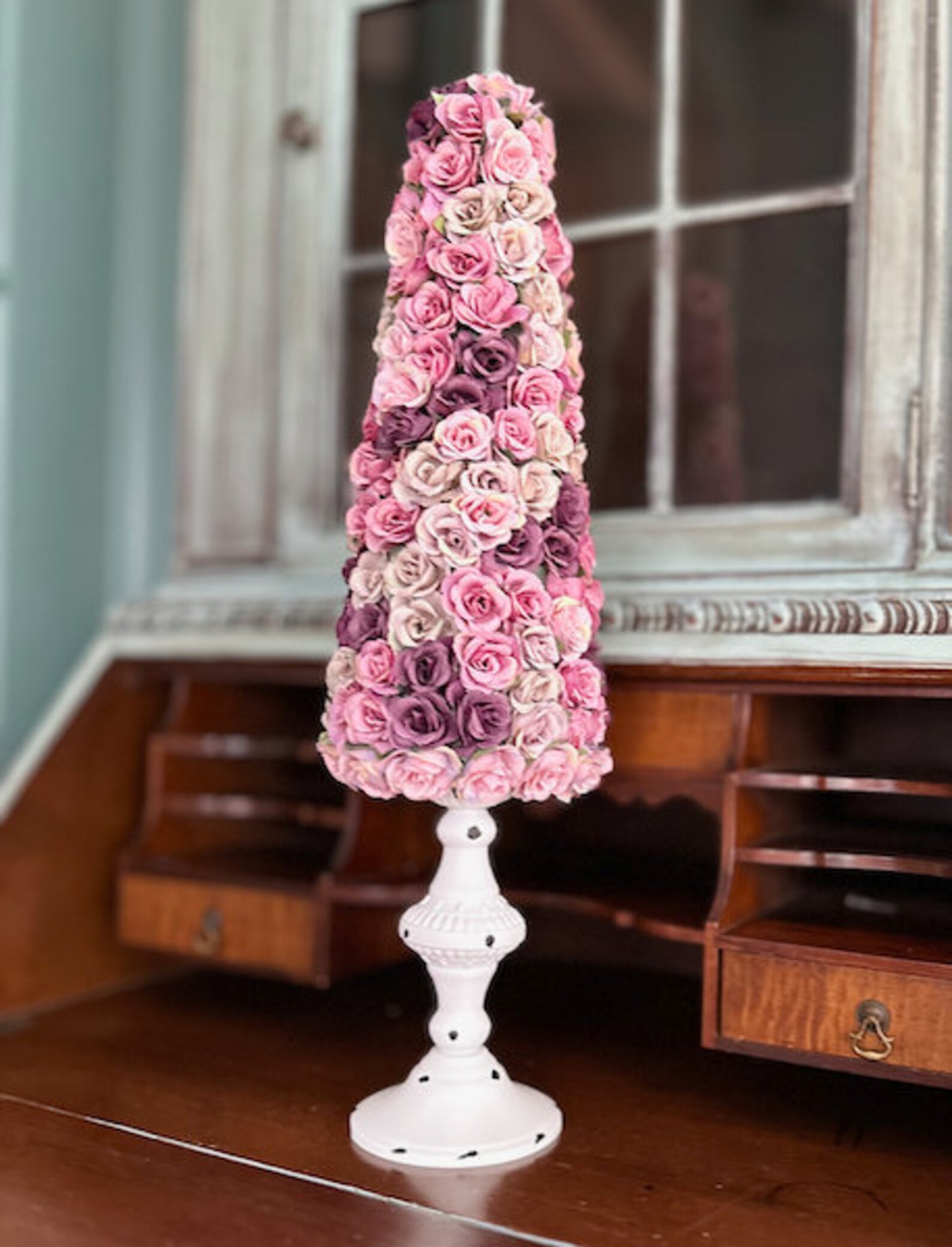 Pink, Mauve & Purple Silk Rose Topiary on a Distressed Candlestick ...