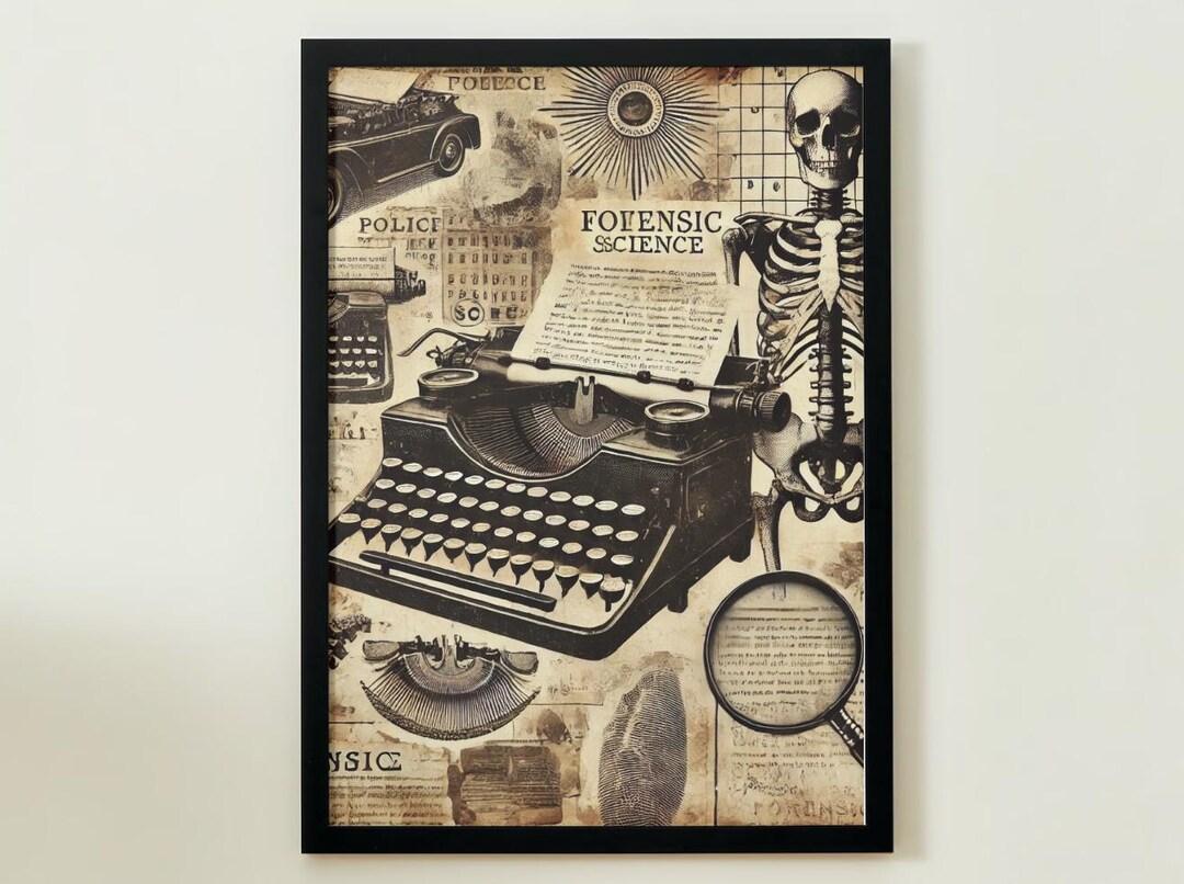 Forensic Science Collage With Skeleton, Typewriters, and Magnifying ...