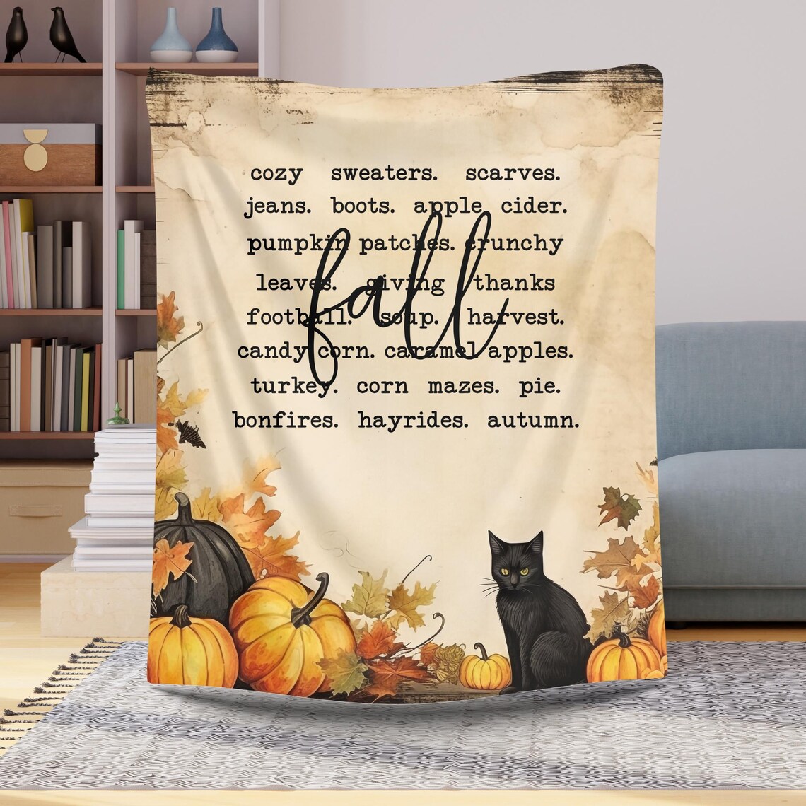 Cozy Black Cat Pumpkin Fall Blanket – Plush Autumn Leaves Throw - Etsy