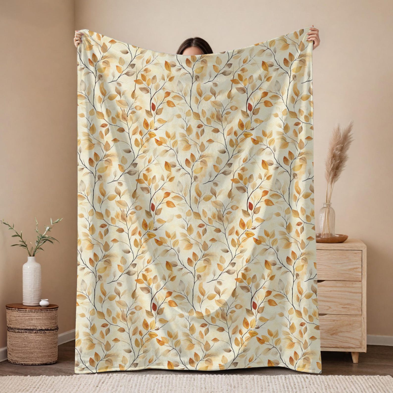 Boho Autumn Leaves Plush Throw Blanket – Cozy Velveteen Fall Decor ...