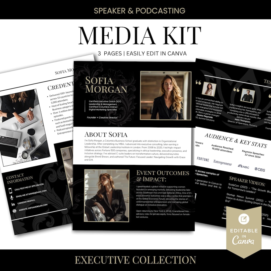 Executive Speaker Media Kit Canva Template – Podcast Guest One Sheet for Coaches | 3 Page ...