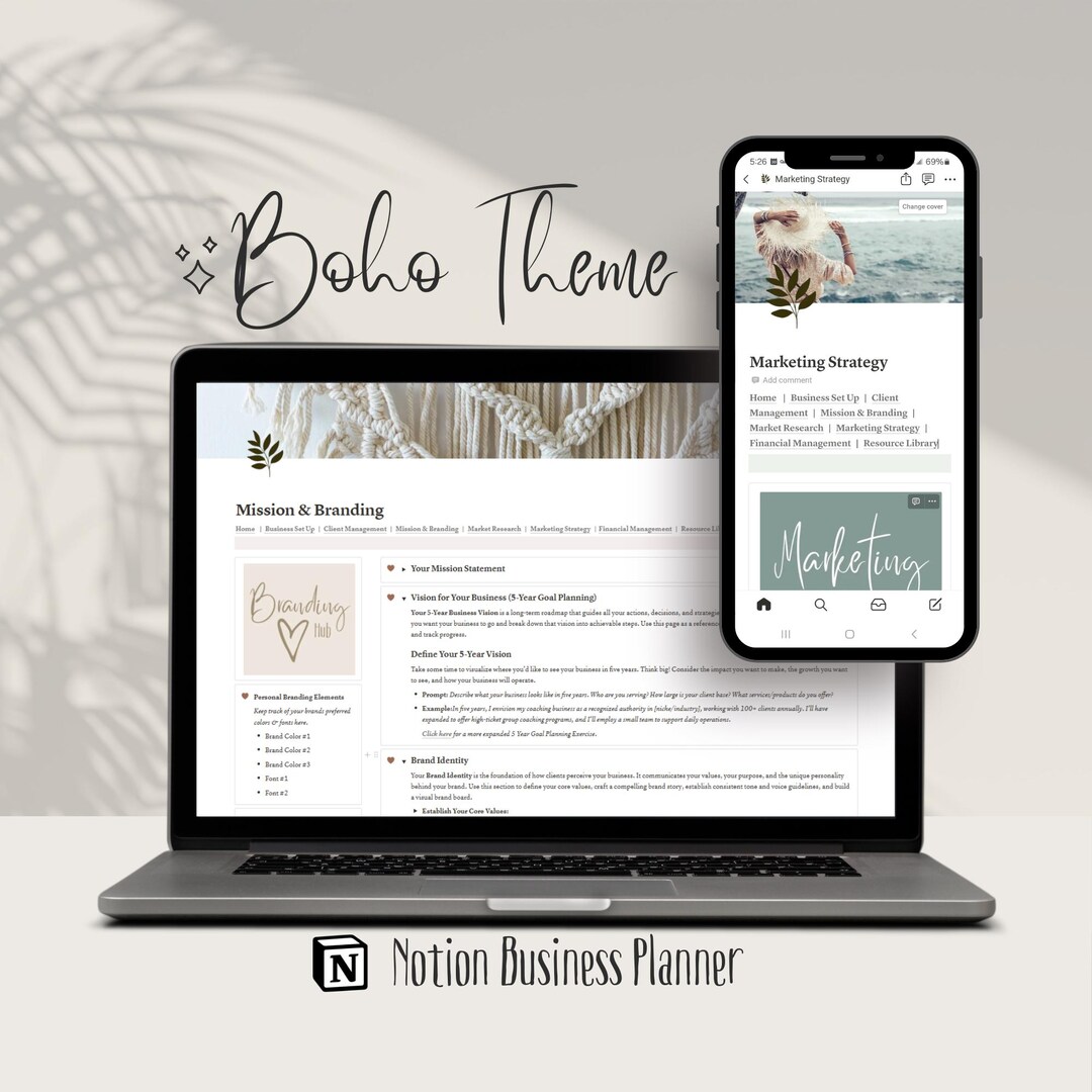 Boho Business Planner Notion Template: Coaching, Content, & Expense ...