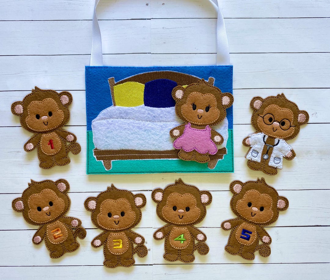 Five Little Monkeys Felt Finger Puppet Set With Bed Carrying Case - Etsy