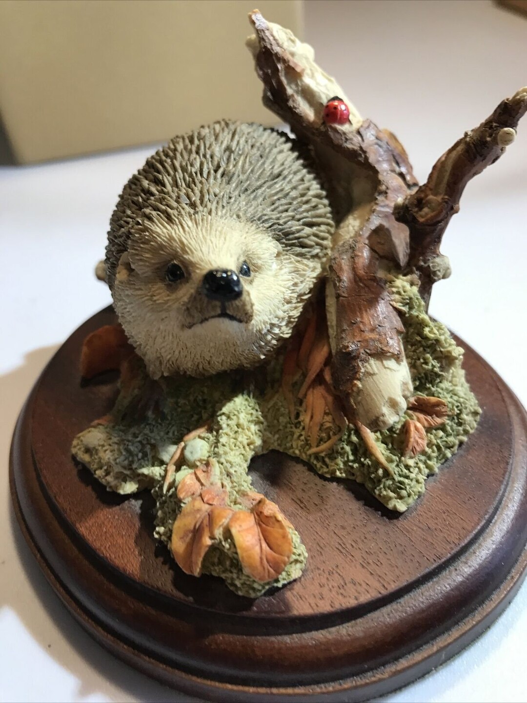 Sherratt & Simpson Hedgehog Figurine With Lady Bug. on Wooden Plinth ...