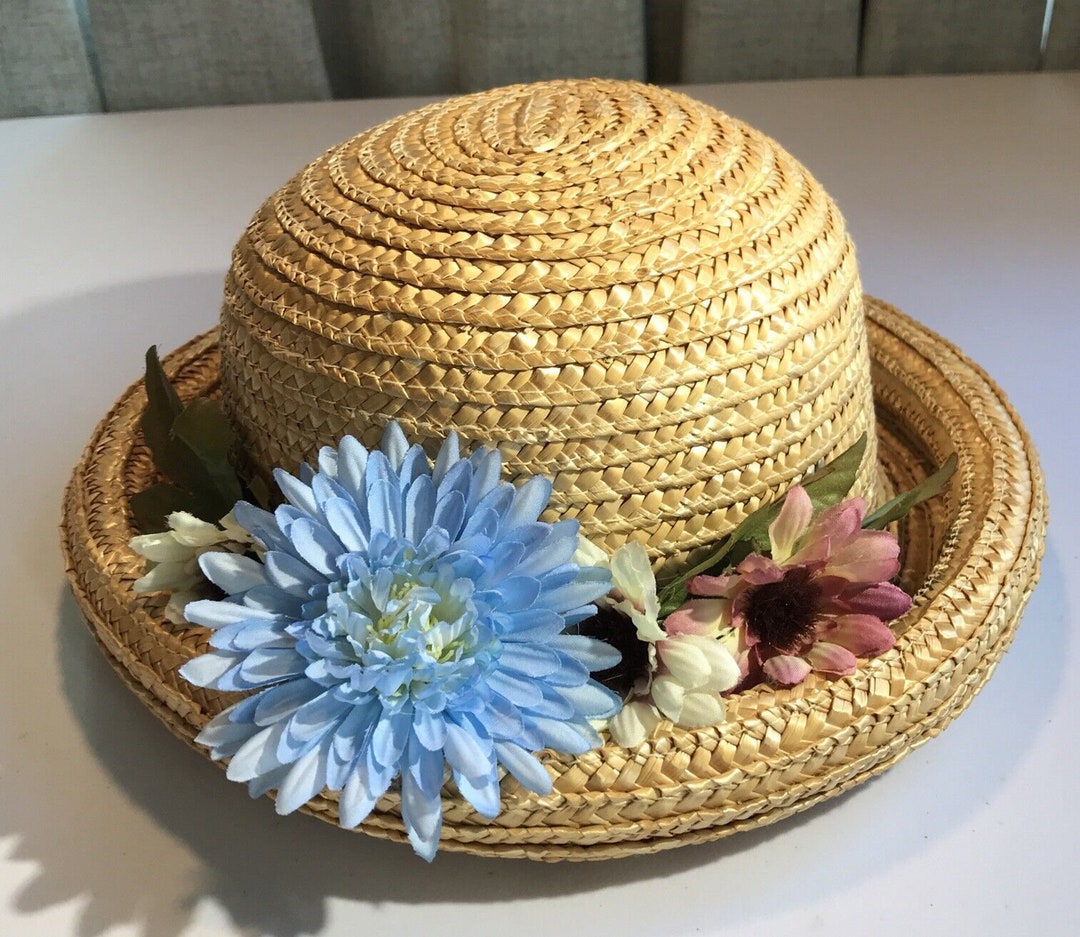 Vintage Woven Straw Hat Rolled Brim Blue Pink Cream SILK FLOWERS ...