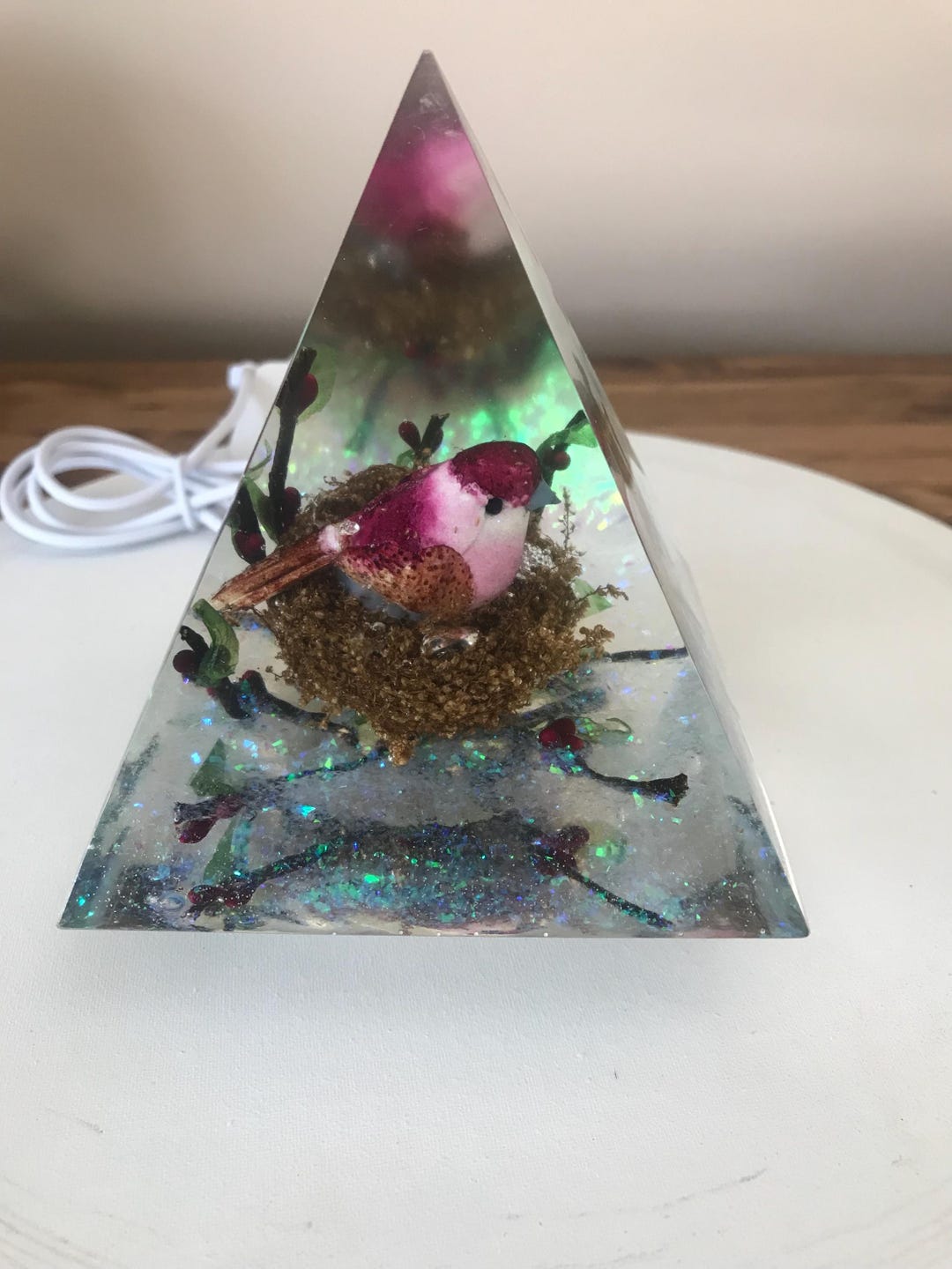Lighted Epoxy Resin Pyramid With Red Bird on a Nest Nightlight - Etsy