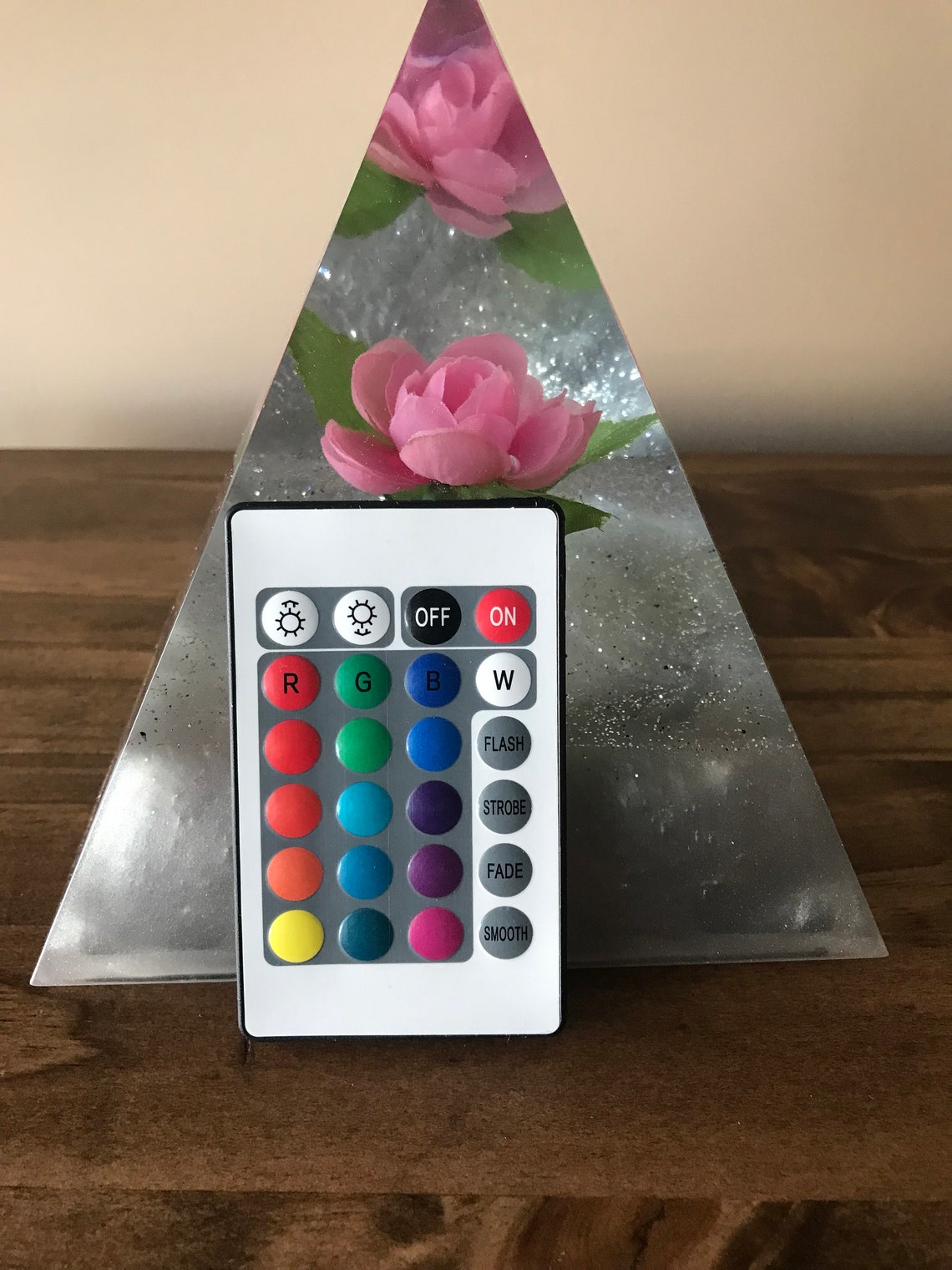 Lighted Epoxy Resin Pyramid With Pink Rose Nightlight With Remote ...
