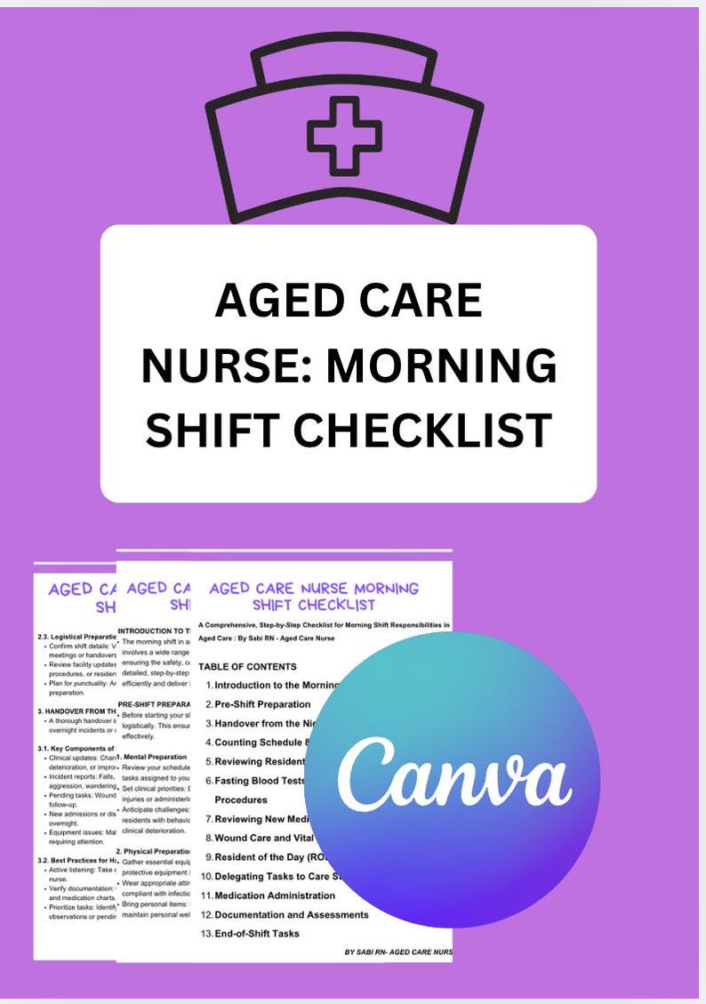 Aged Care Nurse, Morning Shift Checklist, AM Shift, Nurse Guide, New ...