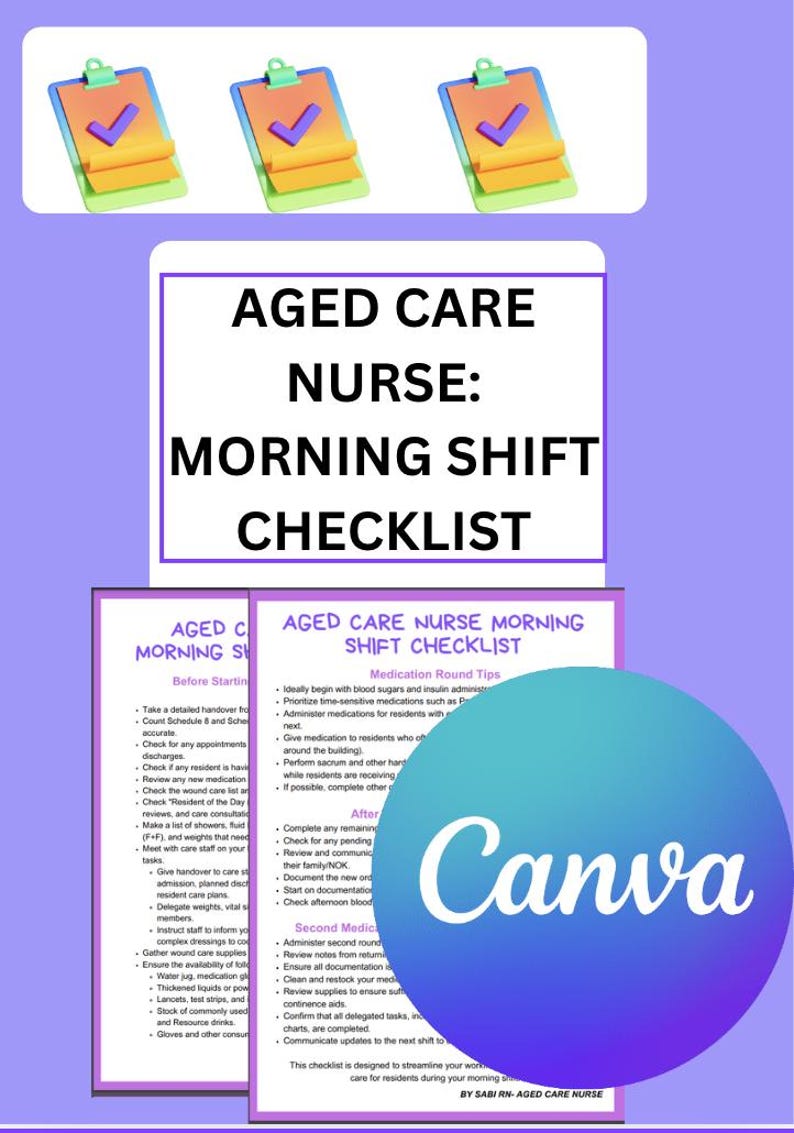 Aged Care Nurse Morning Shift Checklist Digital Download for Nursing ...