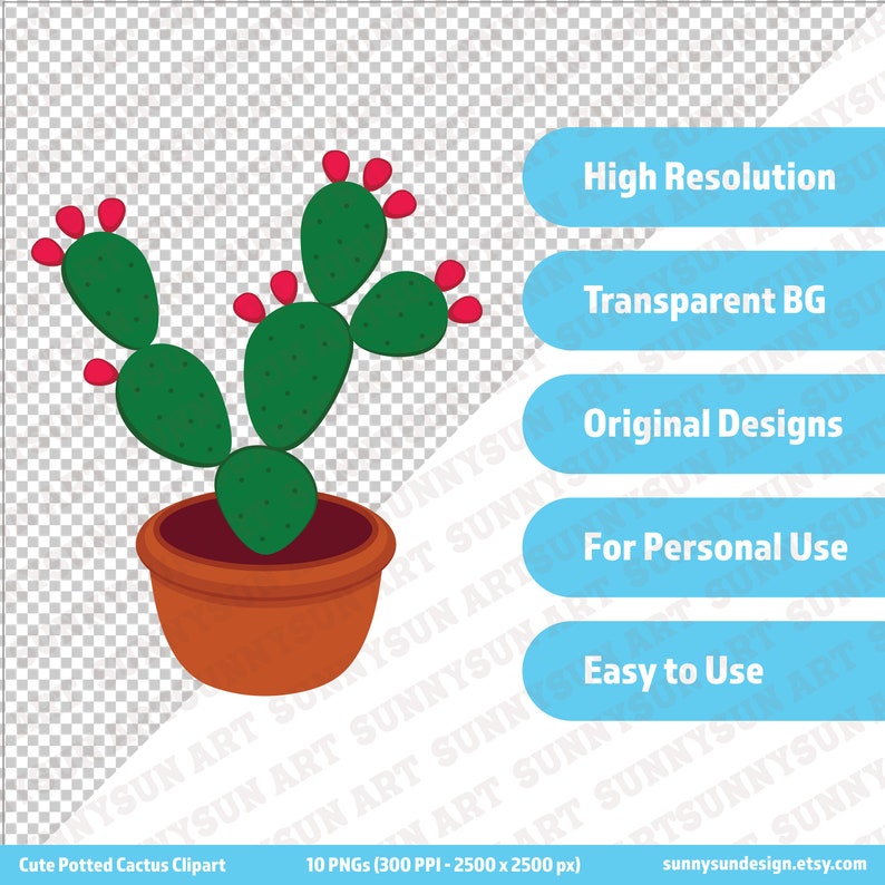 Cute Potted Cactus Clipart, Adorable and Kawaii Cacti Graphics, Desert ...