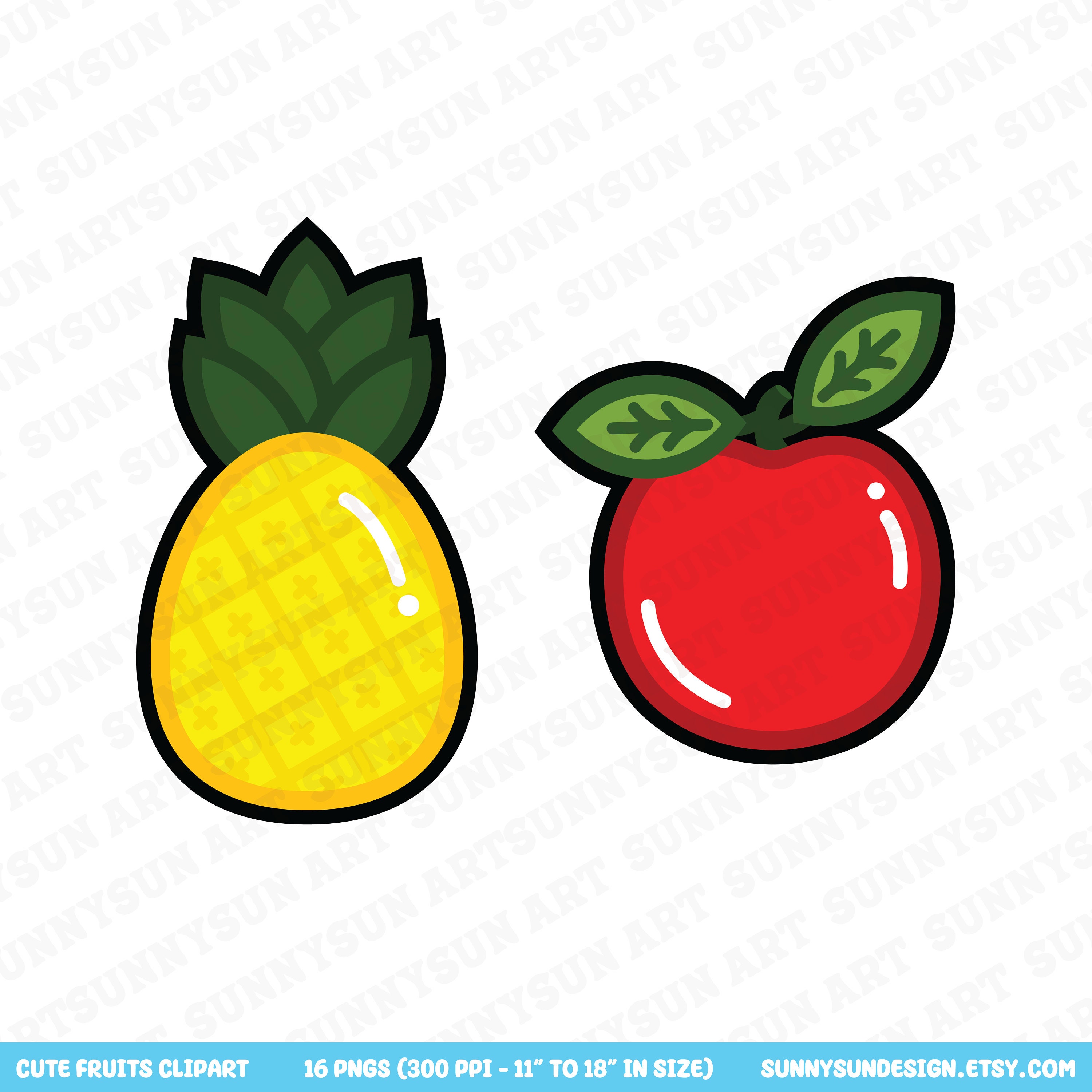 Cute Fruit Clipart, Kawaii Apple PNG, Banana, Mango, Grape, Avocado ...