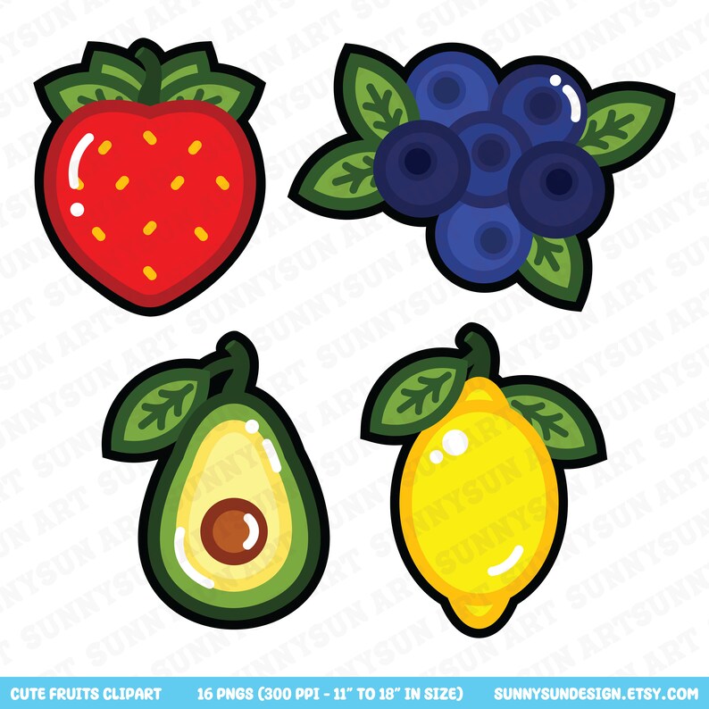 Cute Fruit Clipart, Kawaii Apple PNG, Banana, Mango, Grape, Avocado ...