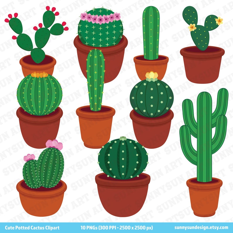Cute Potted Cactus Clipart, Adorable and Kawaii Cacti Graphics, Desert ...