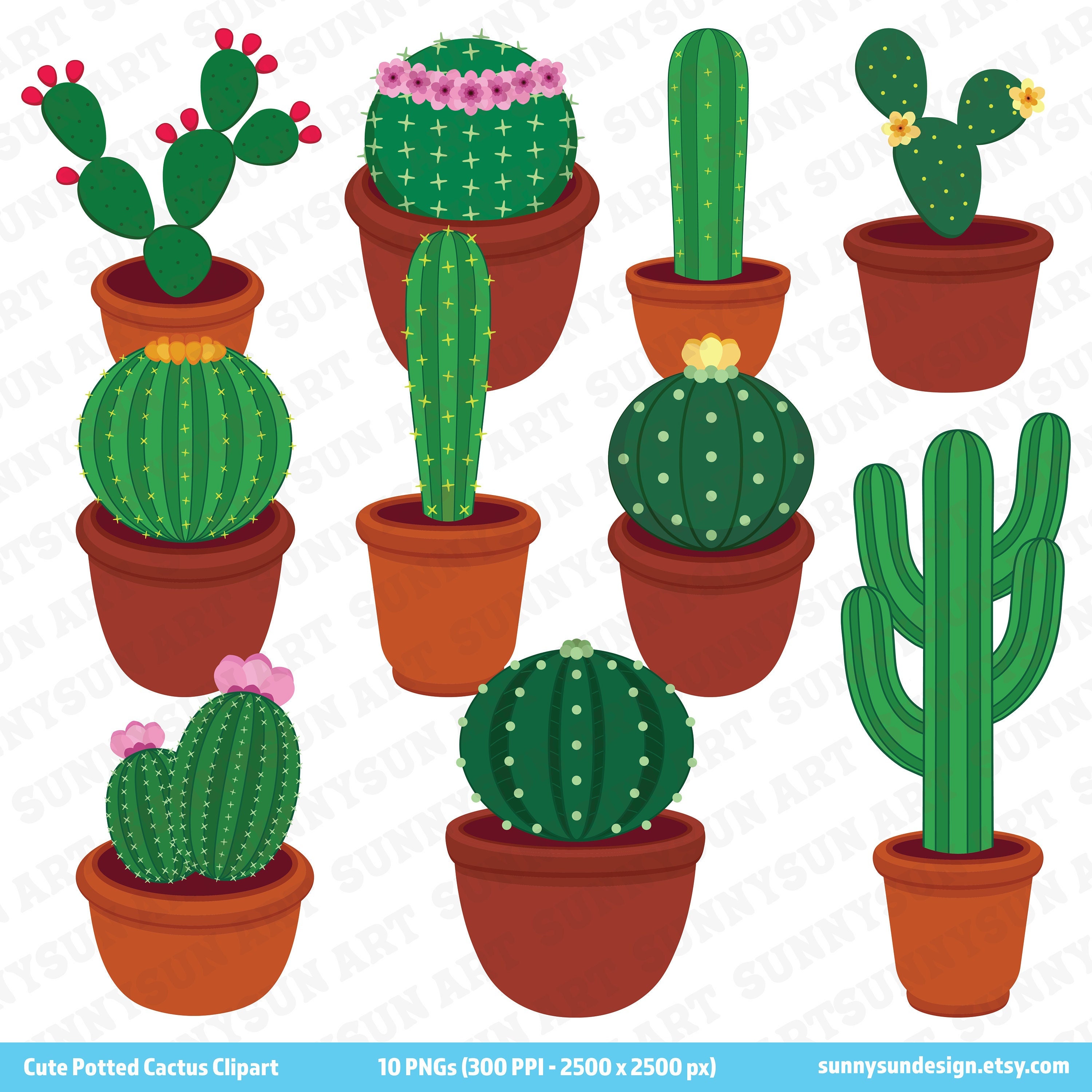 Cute Potted Cactus Clipart, Adorable and Kawaii Cacti Graphics, Desert ...