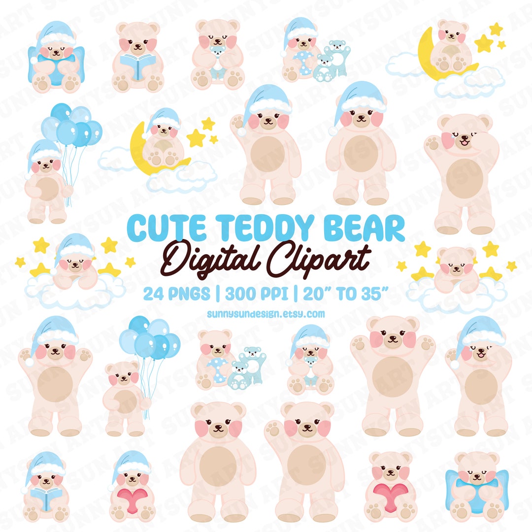 Blue Teddy Bear Clipart, Sleepy Baby Bear PNG, Sleeping Teddy for Baby ...