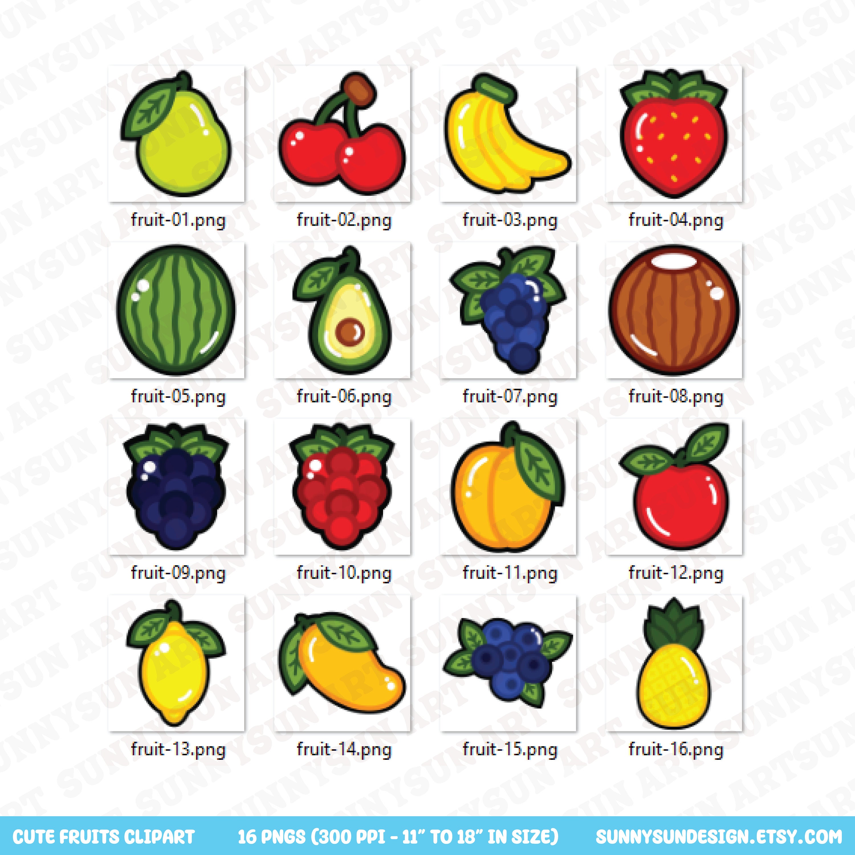 Cute Fruit Clipart, Kawaii Apple PNG, Banana, Mango, Grape, Avocado ...