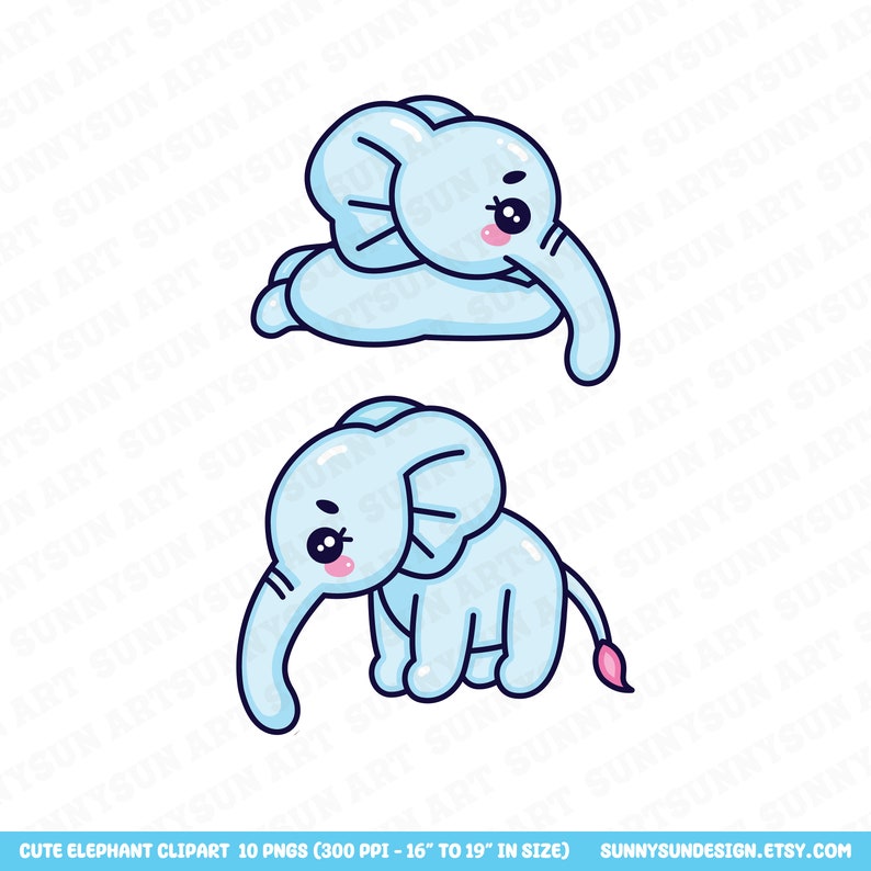 Cute Elephant Clipart, Kawaii Cartoon Elephant Pngs, Blue Elephant ...