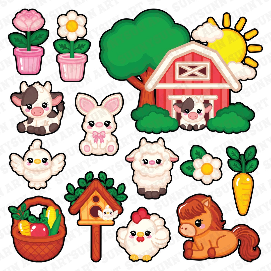 Cute Farm Clipart, Farmland Cattle PNG, Kawaii Barn Animal, Chicken Hen ...