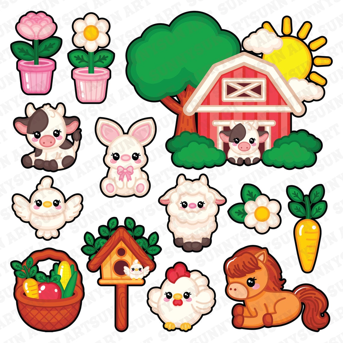 Cute Farm Clipart, Farmland Cattle PNG, Kawaii Barn Animal, Chicken Hen ...