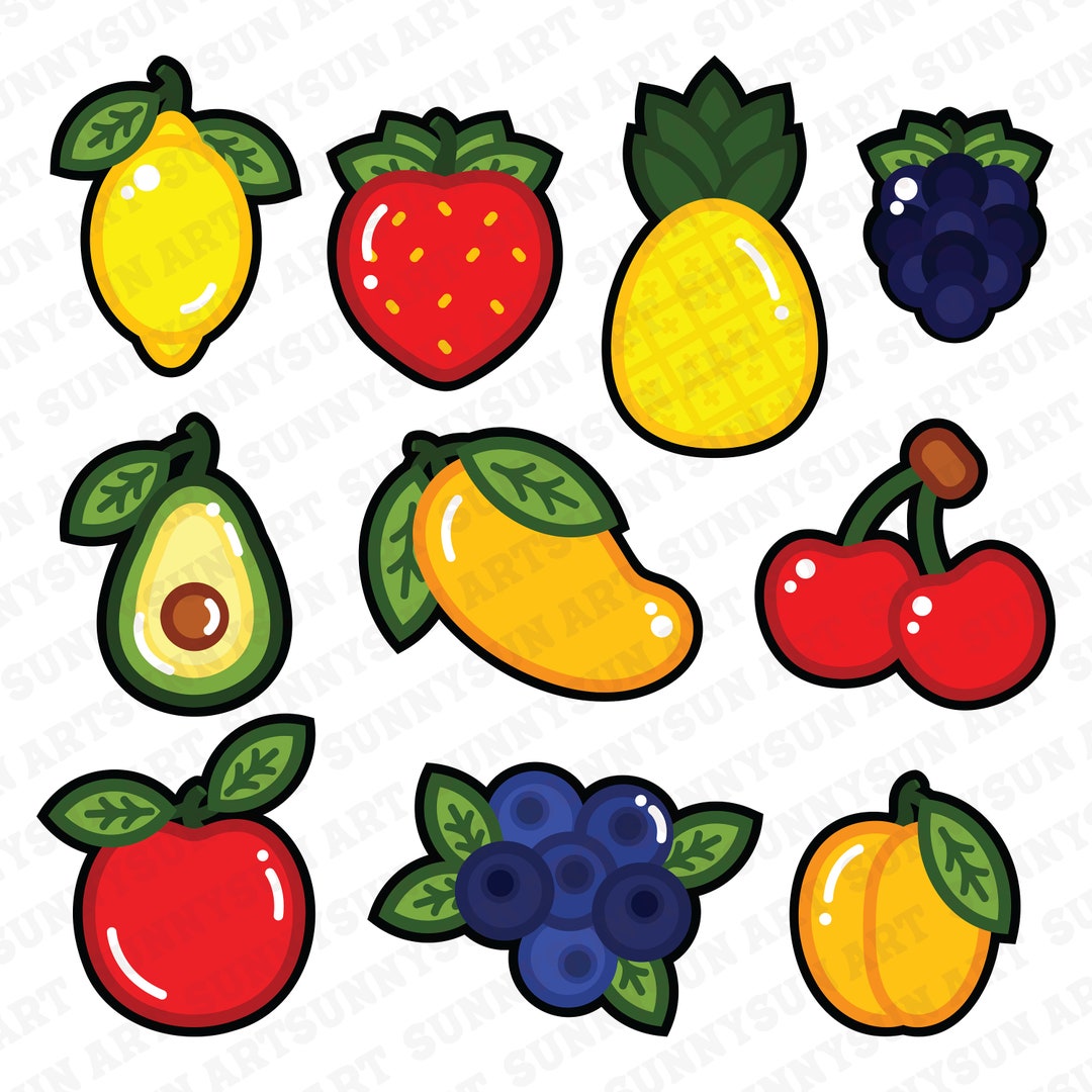 Cute Fruit Clipart, Kawaii Apple PNG, Banana, Mango, Grape, Avocado ...