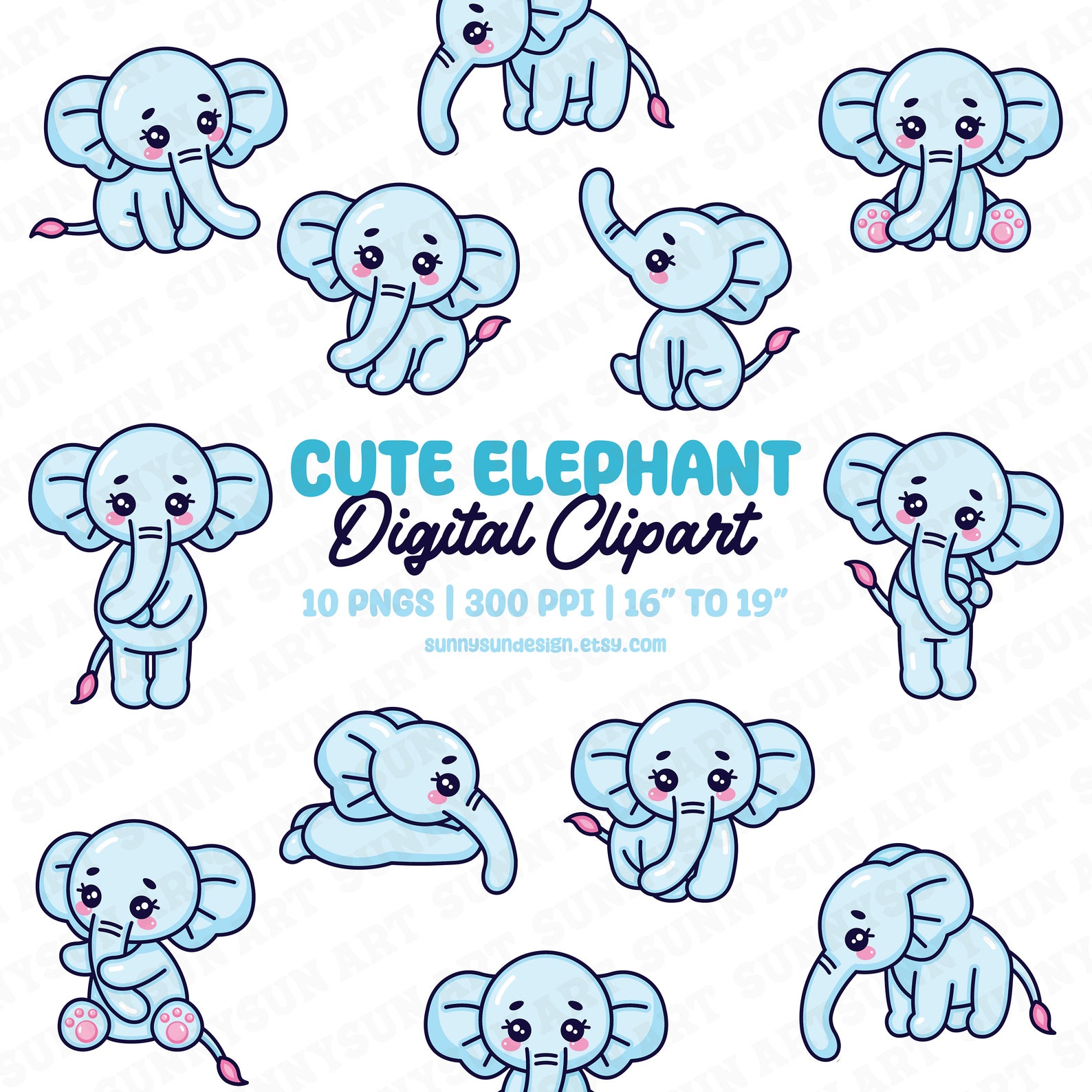 Cute Elephant Clipart, Kawaii Cartoon Elephant Pngs, Blue Elephant ...