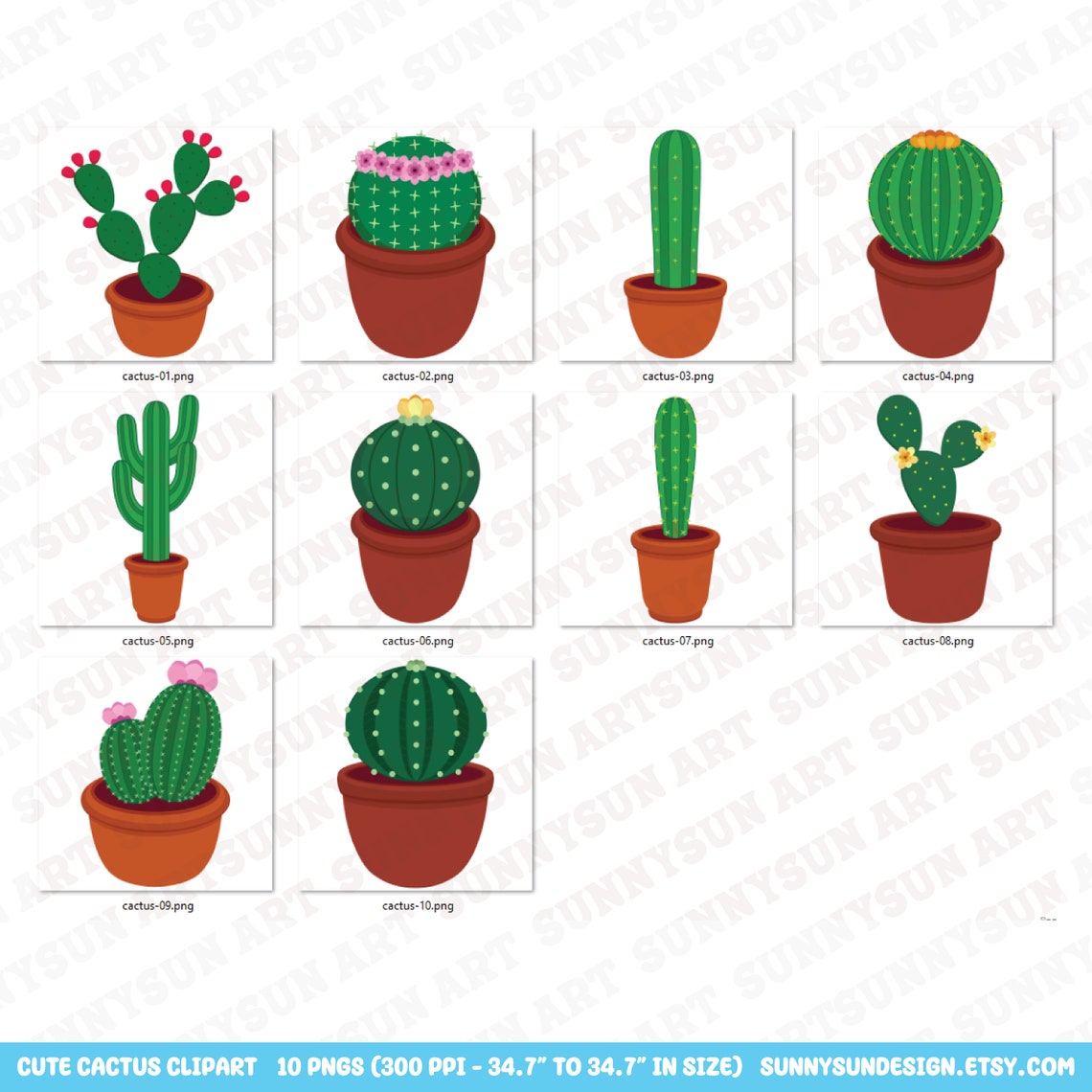 Cute Potted Cactus Clipart, Adorable and Kawaii Cacti Graphics, Desert ...