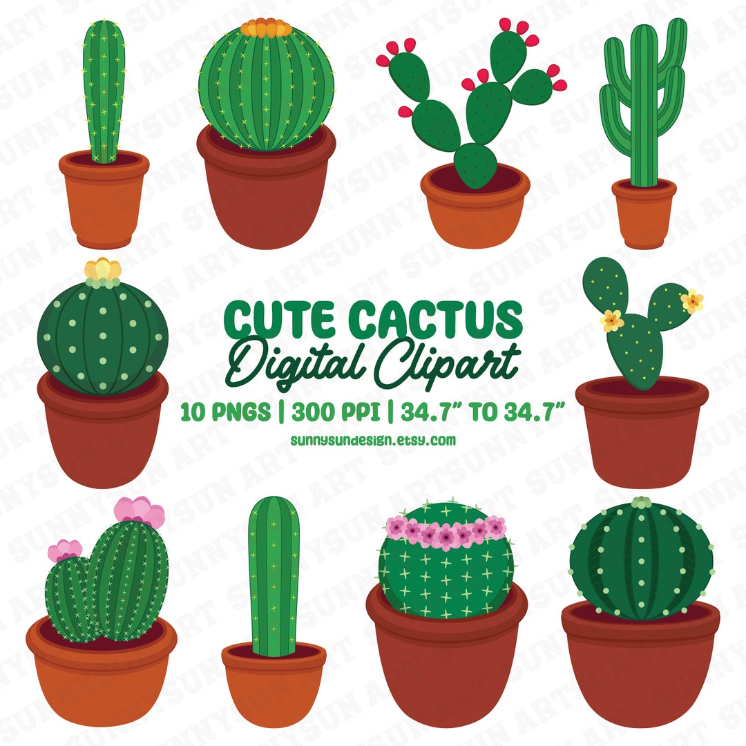 Cute Potted Cactus Clipart, Adorable and Kawaii Cacti Graphics, Desert ...