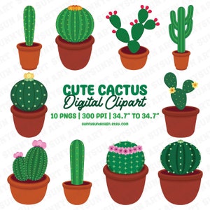 Cute Potted Cactus Clipart, Adorable and Kawaii Cacti Graphics, Desert ...