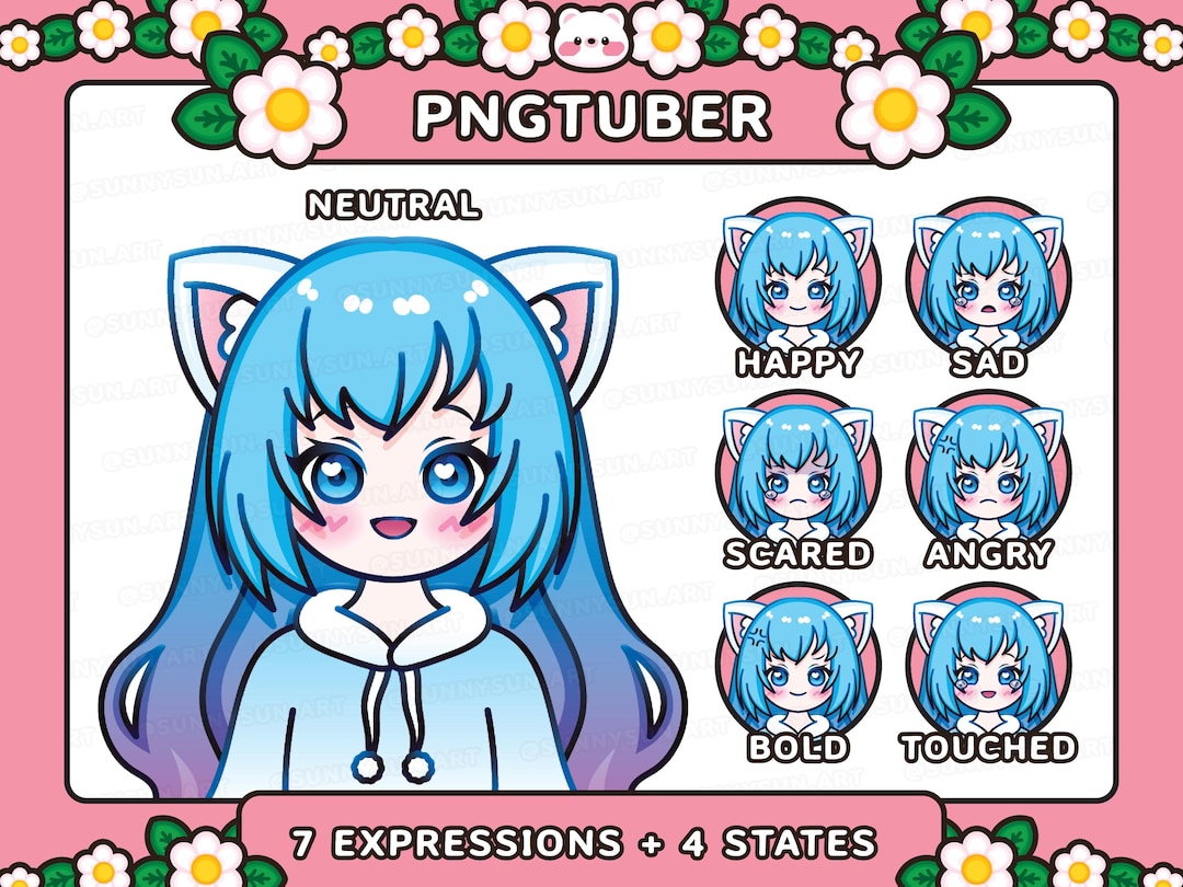 Cute Chibi Pngtuber Blue Cat Girl Premade Vtuber Asset Kawaii Veadotube ...
