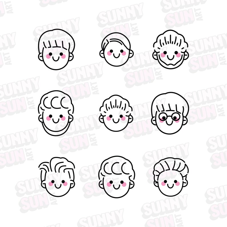 Cute Face Doodles PNG Bundle Cute Men Women Face Cliparts Cute Boys ...
