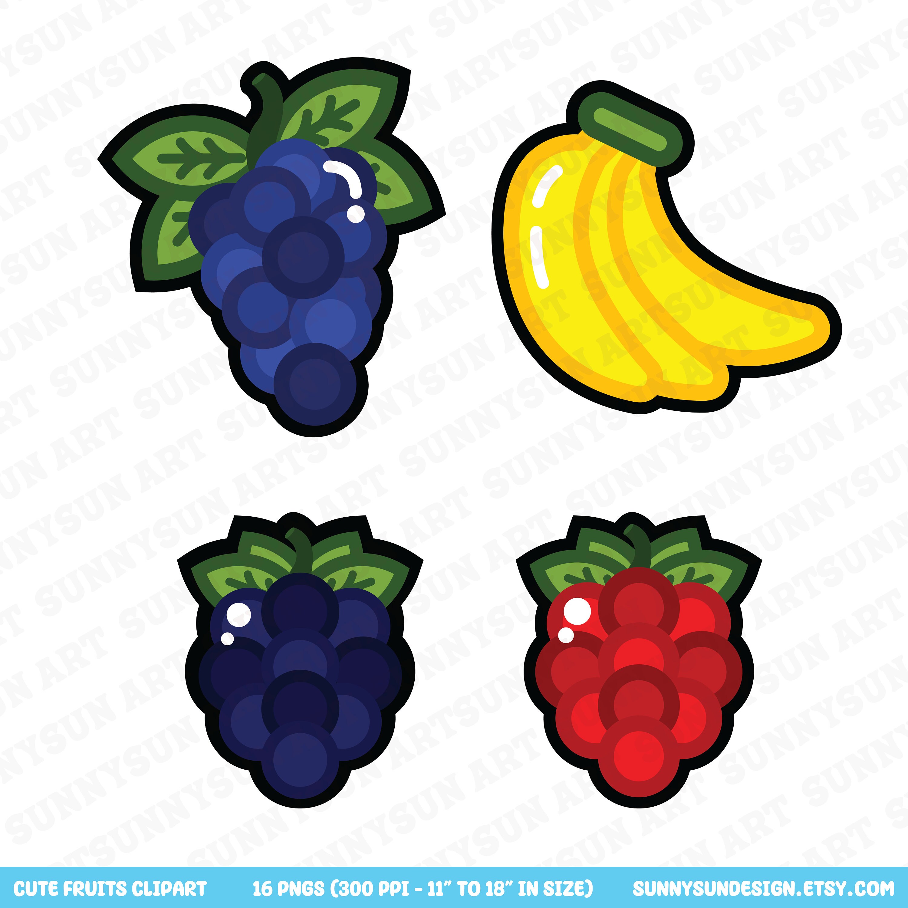Cute Fruit Clipart, Kawaii Apple PNG, Banana, Mango, Grape, Avocado ...
