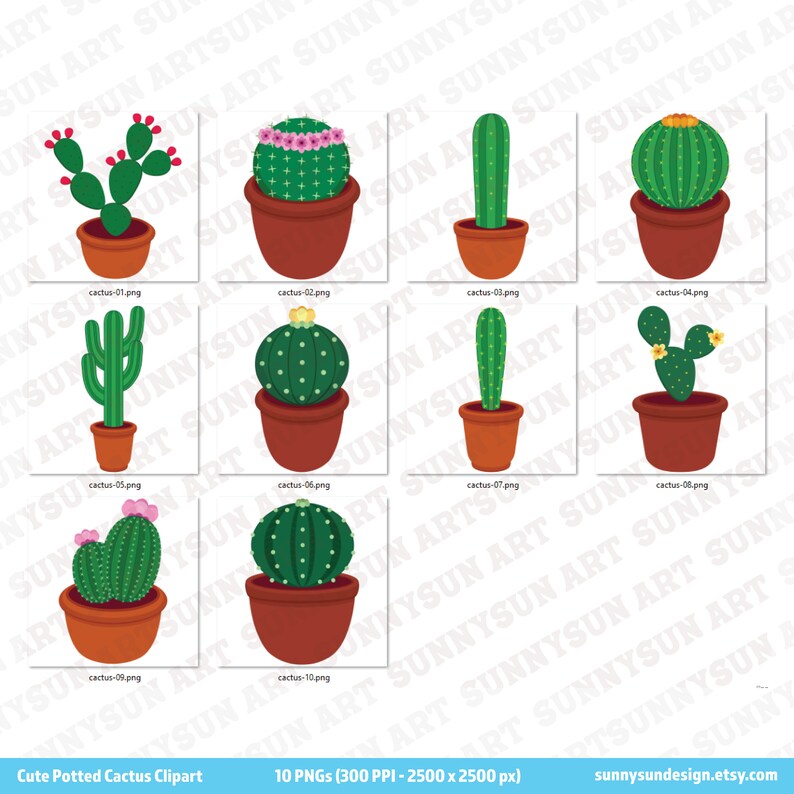Cute Potted Cactus Clipart, Adorable and Kawaii Cacti Graphics, Desert ...