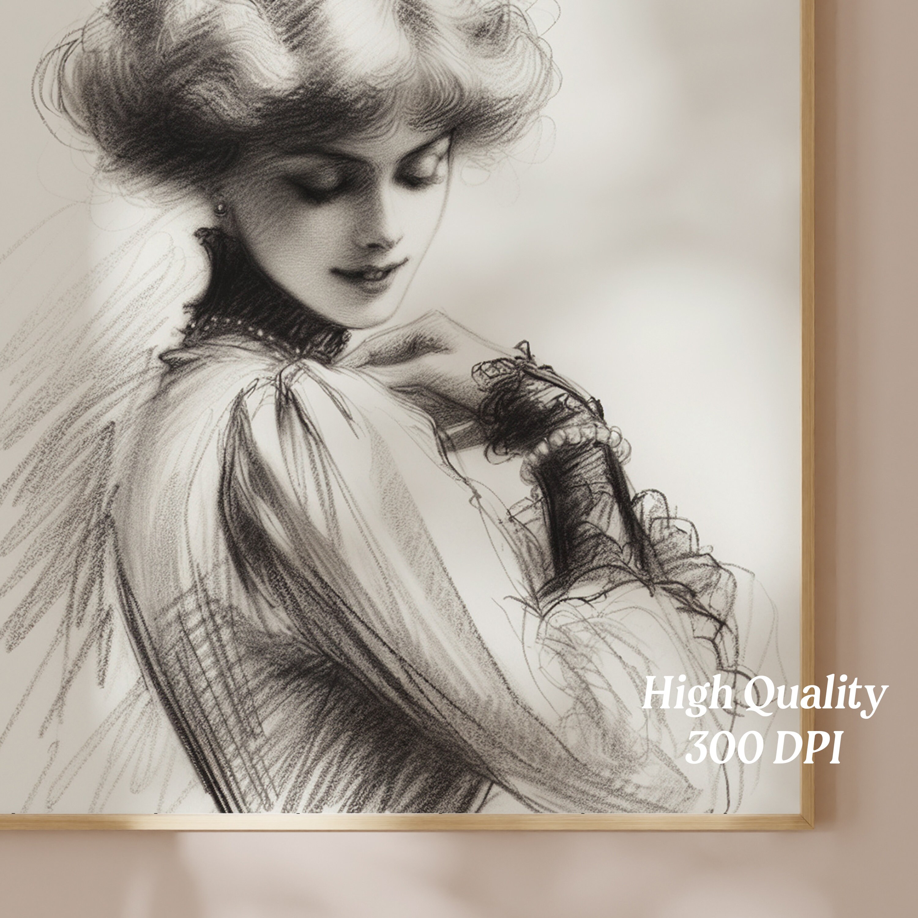 Elegant Vintage Woman Sketch Printable Wall Art Victorian Portrait ...
