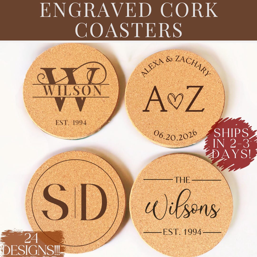 Bulk Personalized Coaster Set Engraved Cork Coaster Custom Wedding Gift ...