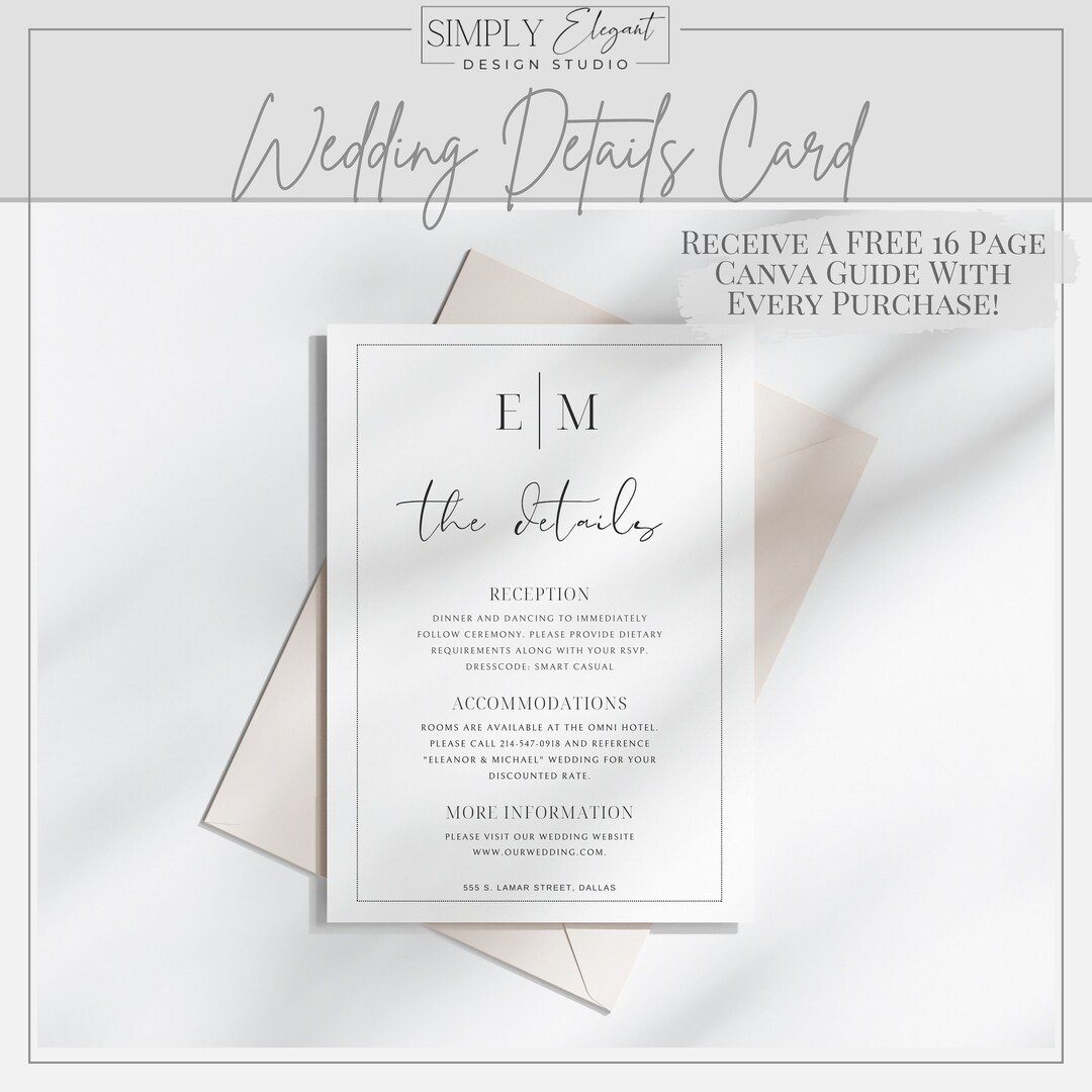 Monogram Wedding Details Card Template Elegant Editable Template ...