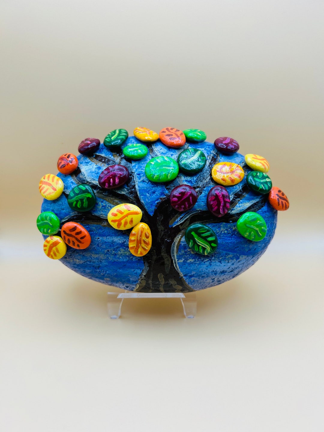Hand Painted Fall Tree Rock-garden Art Rock Art Rock-rock Art-stone Art ...
