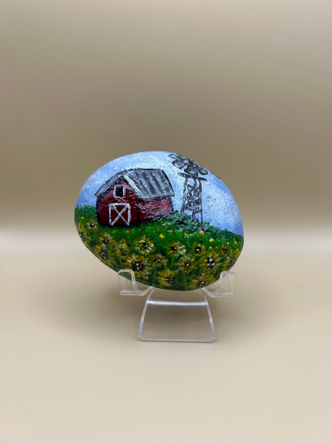 Farm Scene Painted Rock-barn, Windmill and Sunflowers Painted Rock-rock ...