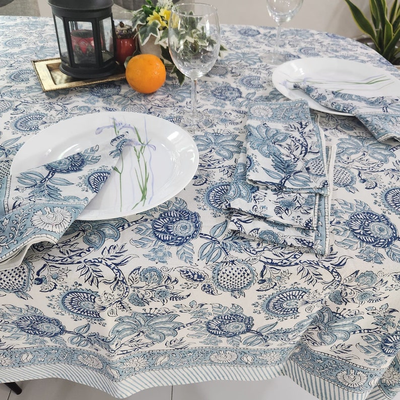 Light Blue Hand Block Printed Table Cloth-floral Cotton Table Cover ...