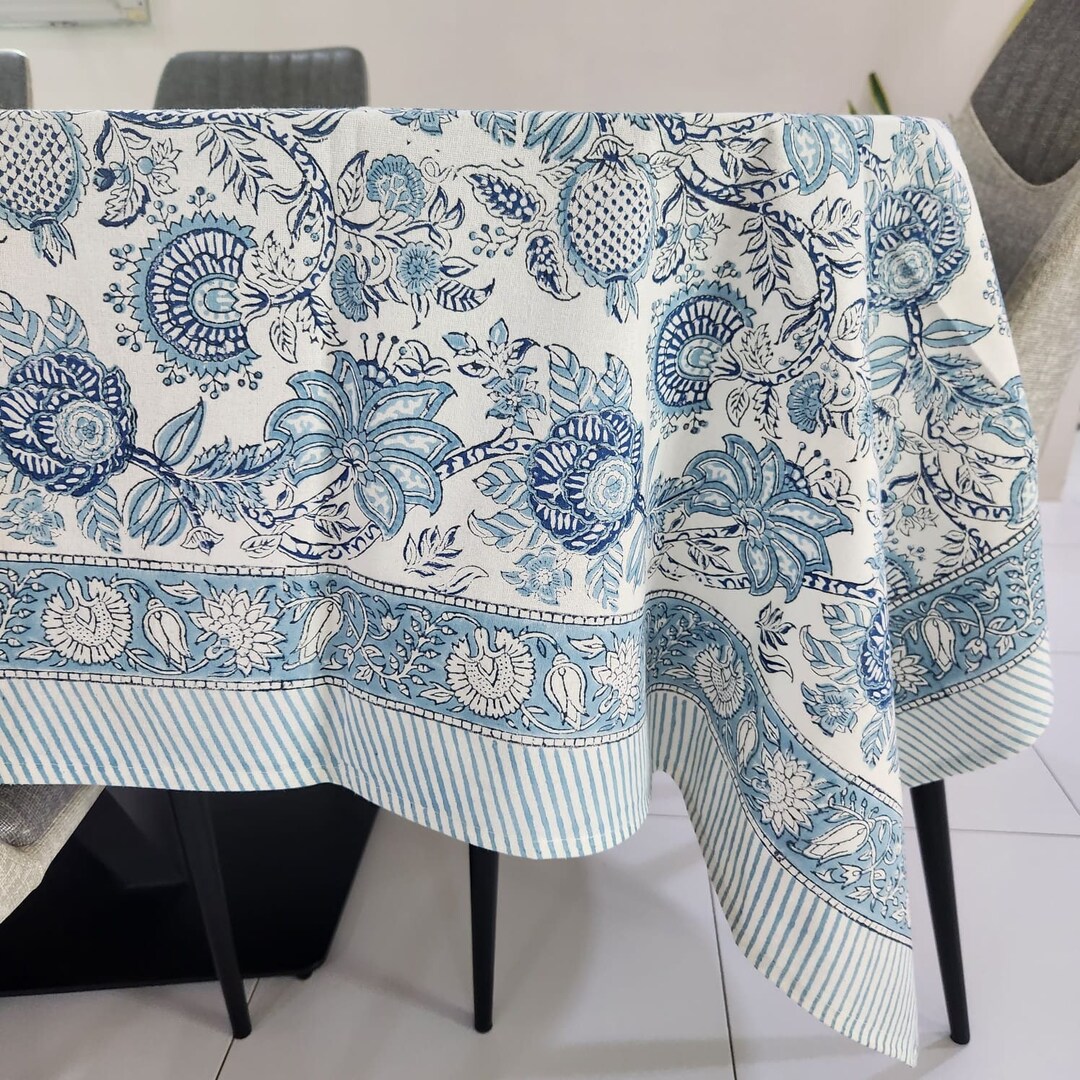 Light Blue Hand Block Printed Table Cloth-floral Cotton Table Cover ...