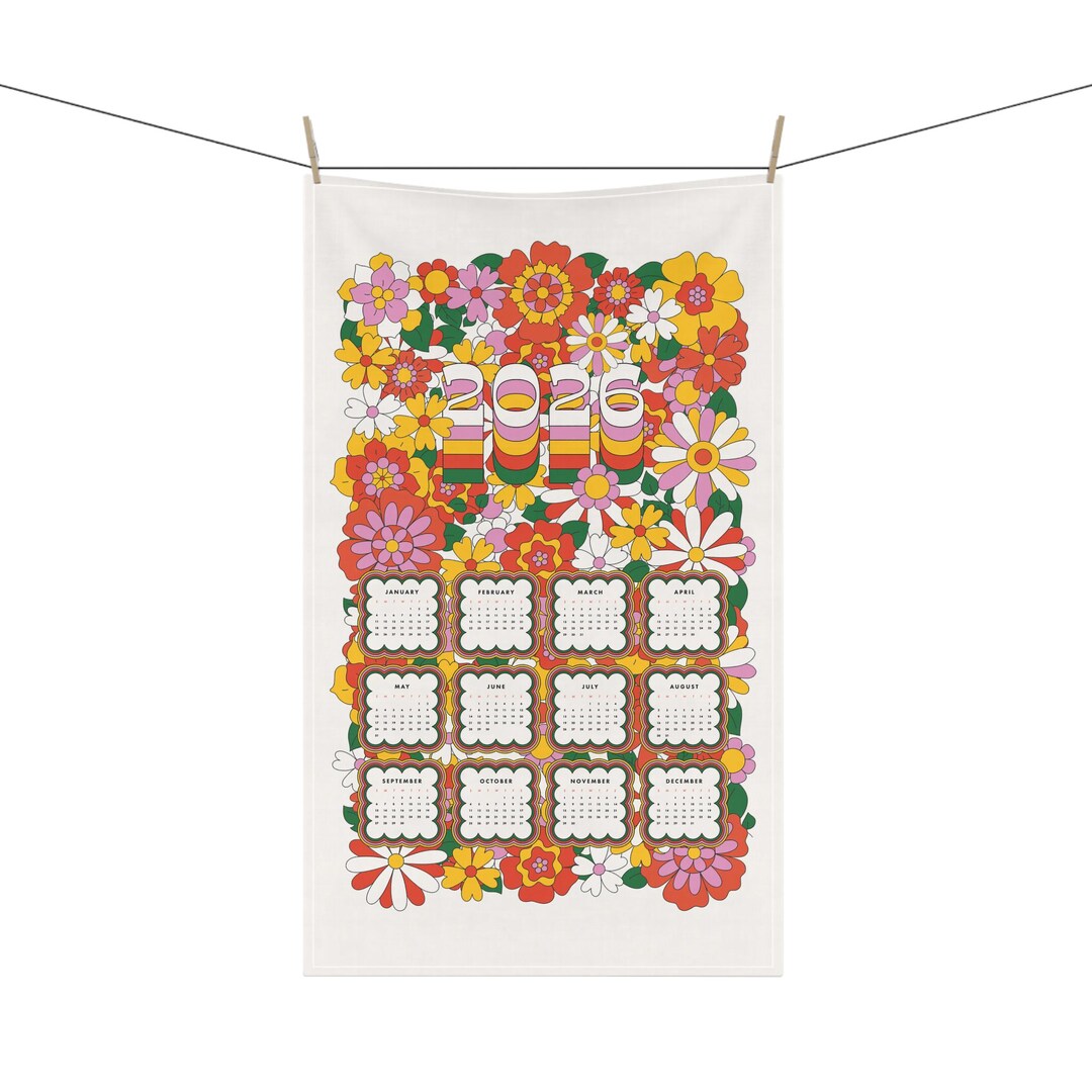 Retro Groovy Floral 2026 Calendar Tea Towel, Vintage Calendar Design ...