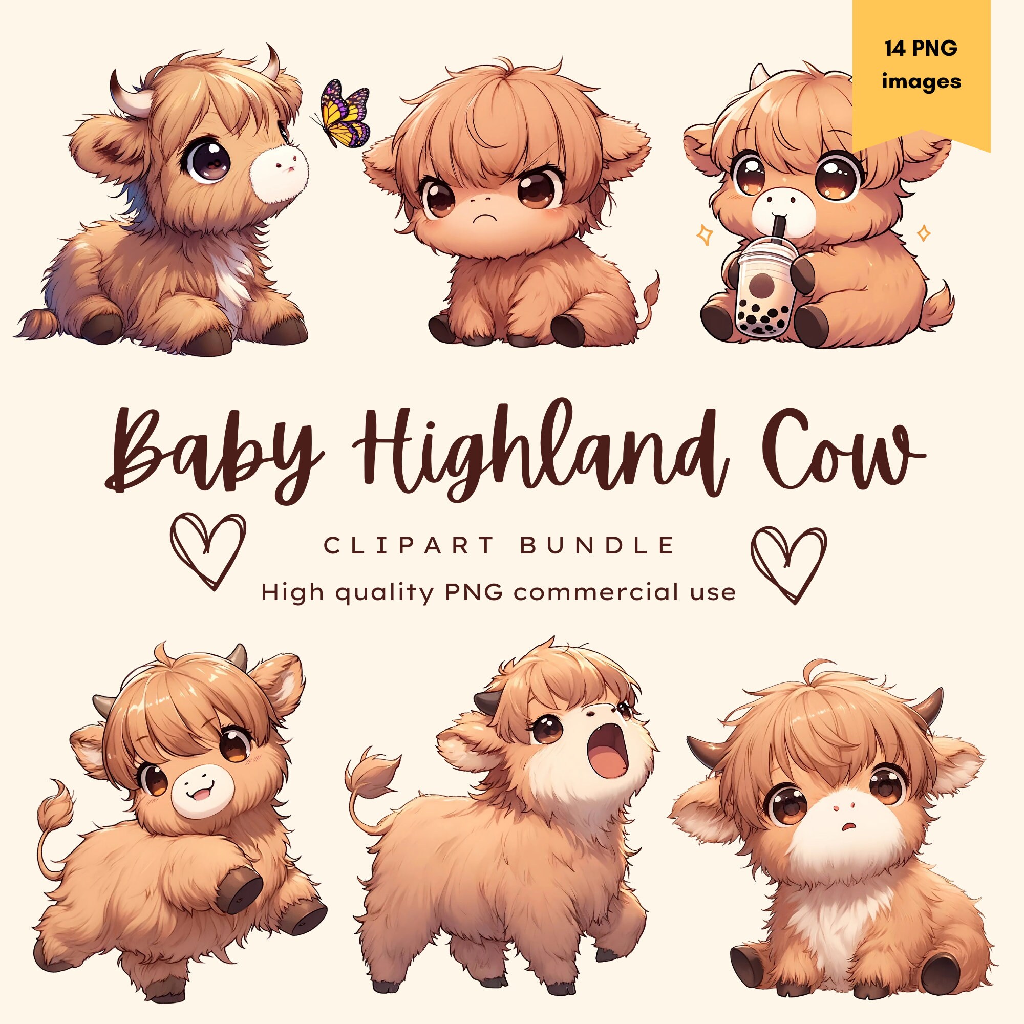 Cute Baby Highland Cow Clipart, Animal Illustration, Chubby Pet Clipart ...