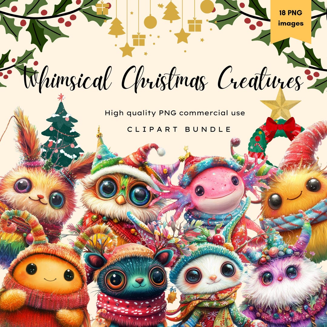 Whimsical Christmas Creatures Clipart: PNG Illustrations (digital ...