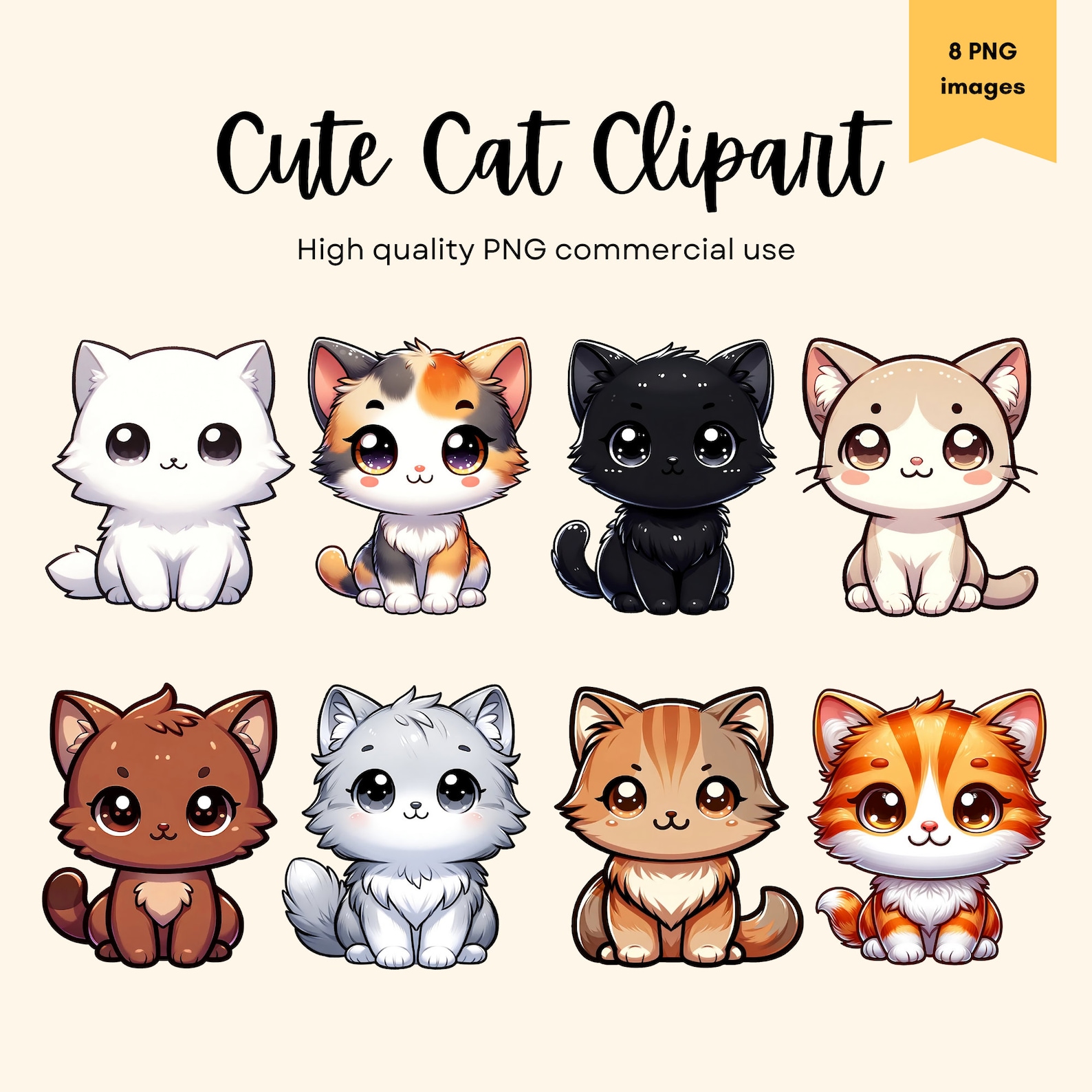 Cute Cat Clipart, Cat Illustrations, Instant Download PNG, Transparent ...