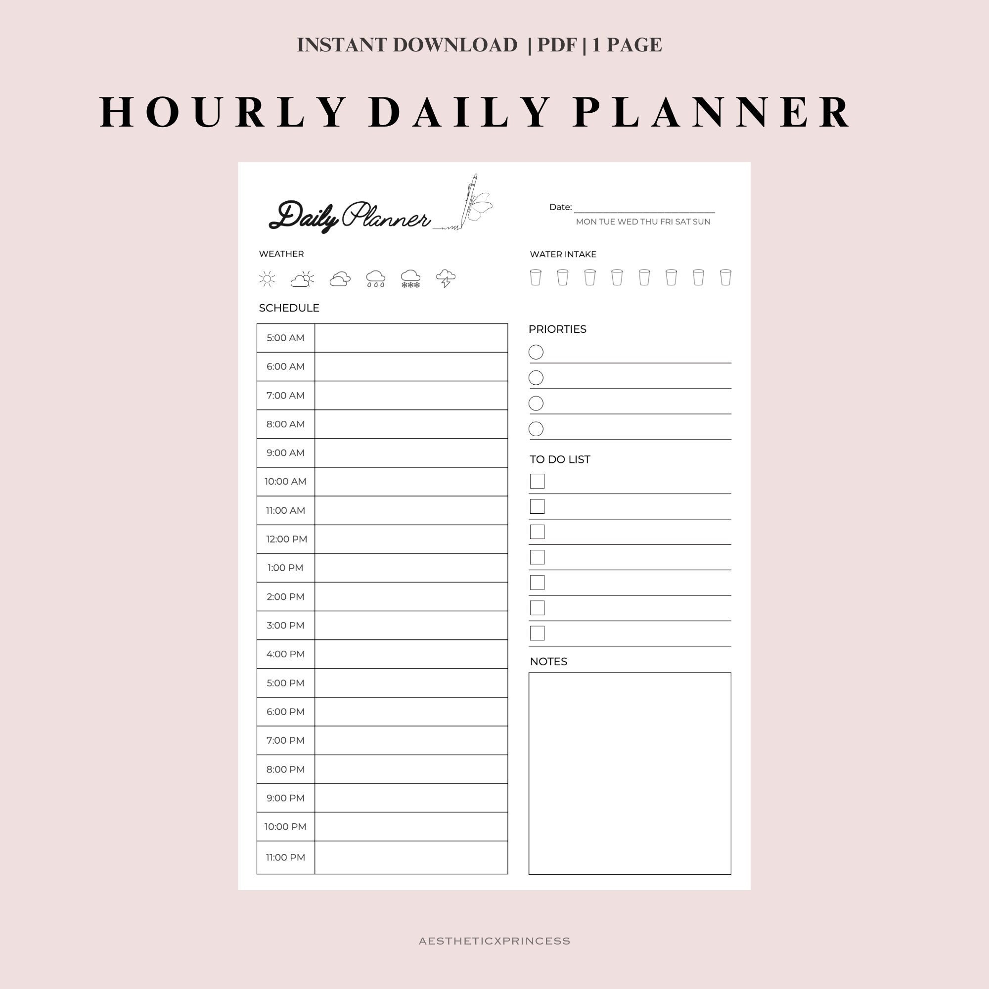 Daily Planner Printable, Productivity Organiser, To-do List, Hourly ...