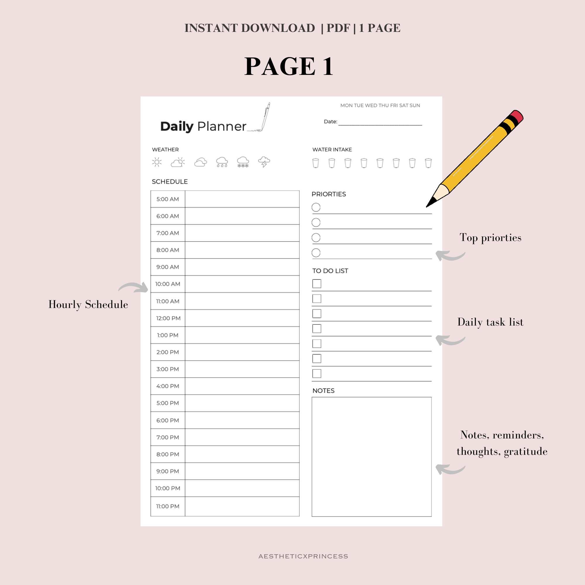 Daily Planner Printable, Productivity Organiser, To-do List, Hourly ...