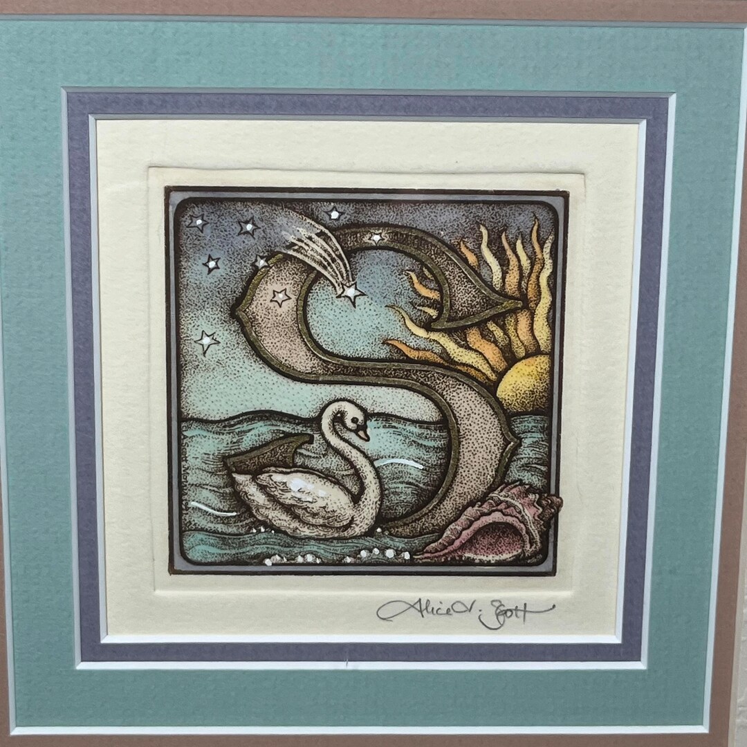Swan s Initial Watercolor Etching From Alice Scott's Alphabet Series ...