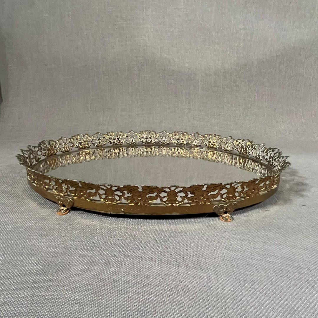 Large Footed Oval Vanity Mirror Tray Filagree Gold-tone Dressing Table ...
